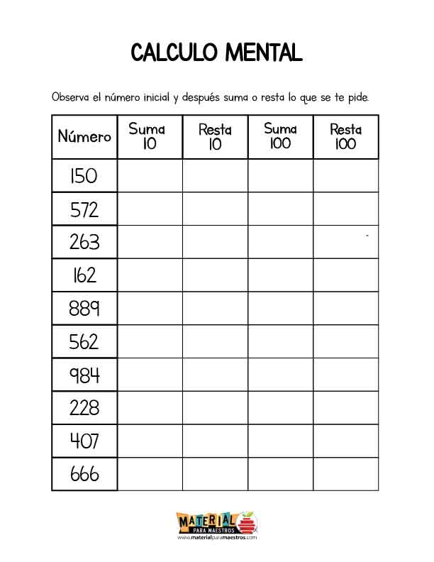 Hojas de calculo mental de sumas y restas para 2° y 3° grado